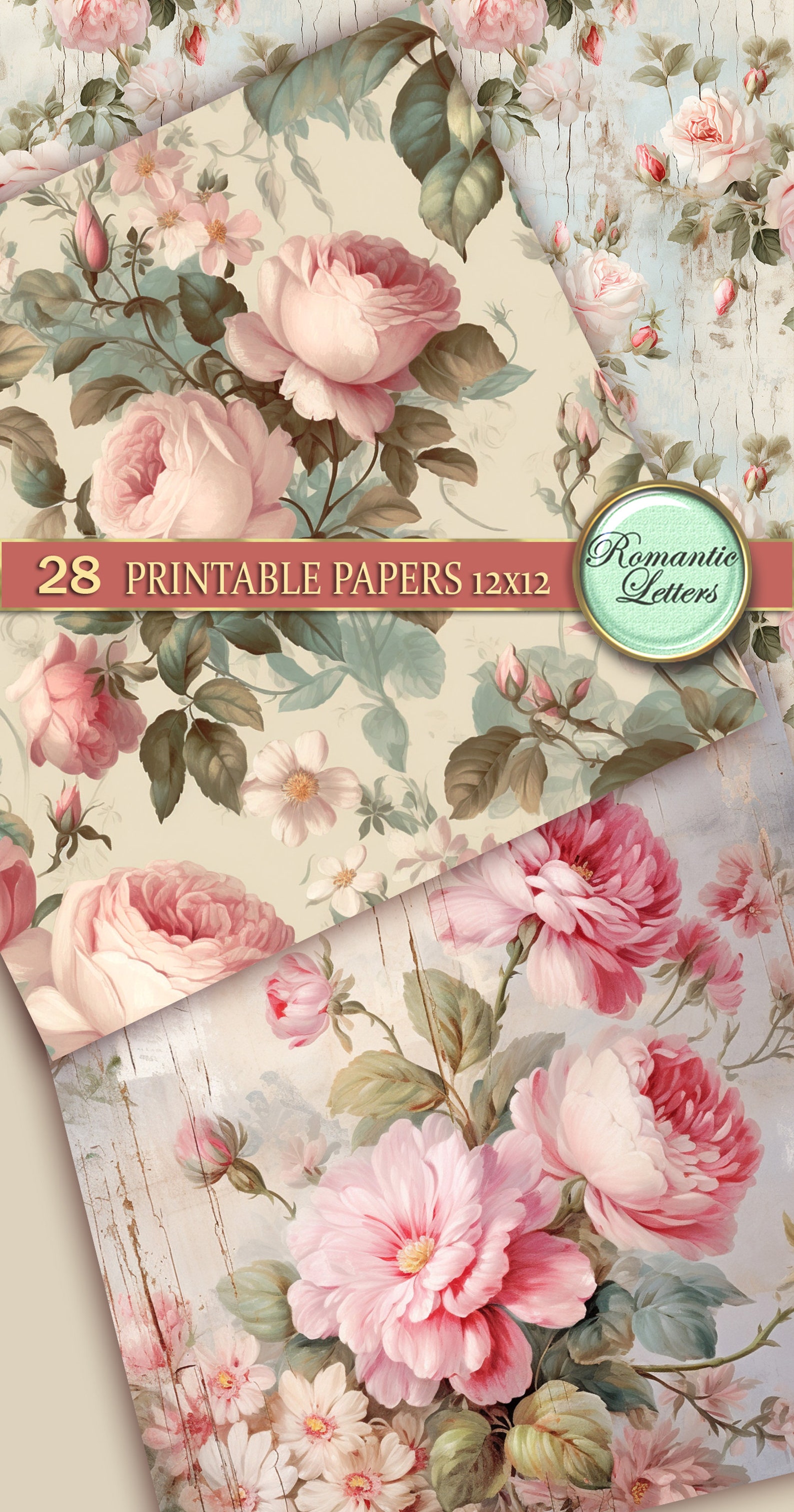 Shabby Chic Digital Scrapbooking Paper Pack Pink Floral Digital ...