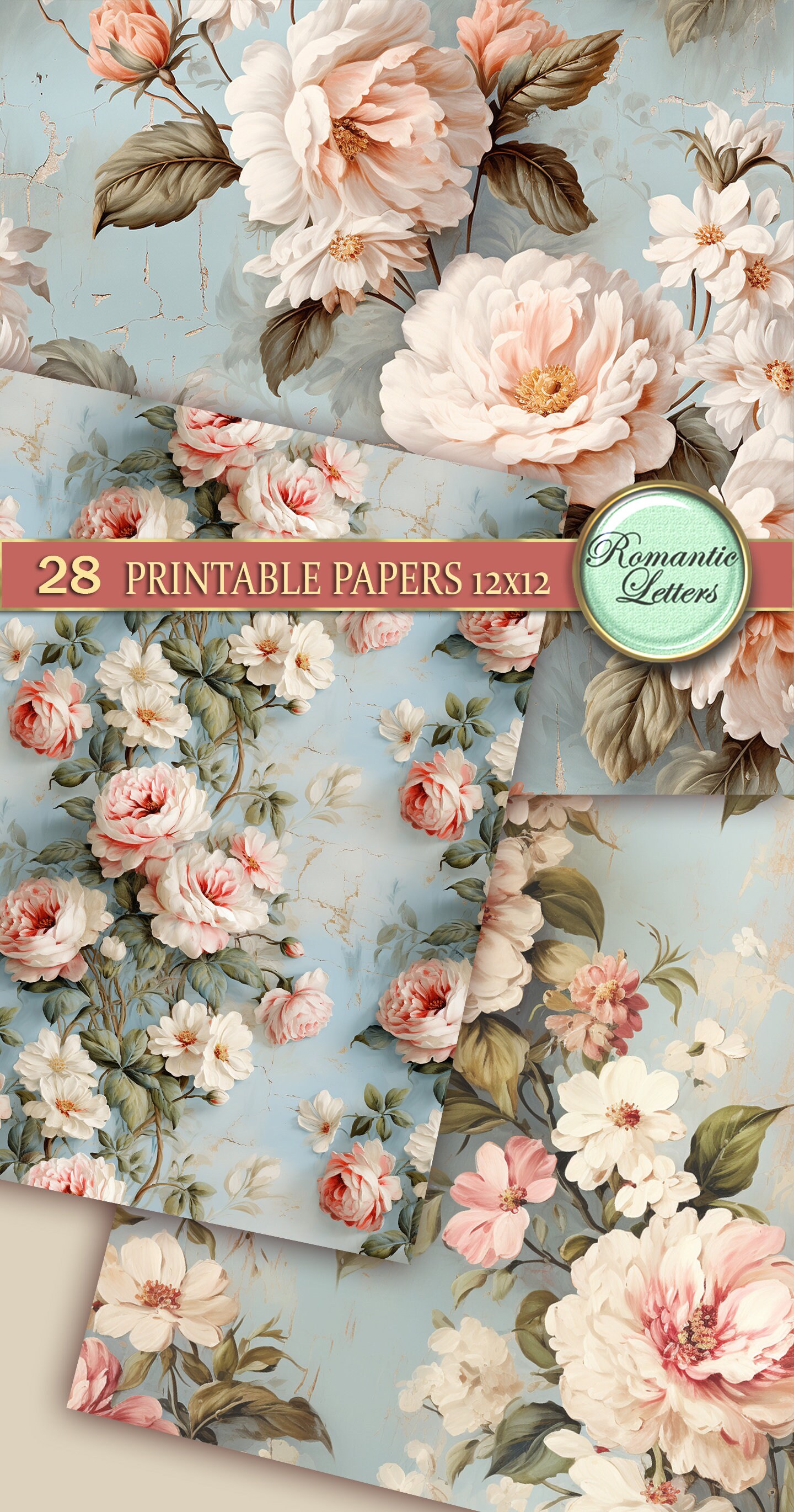Shabby Chic Digital Scrapbooking Paper Pack Pink Floral Digital ...