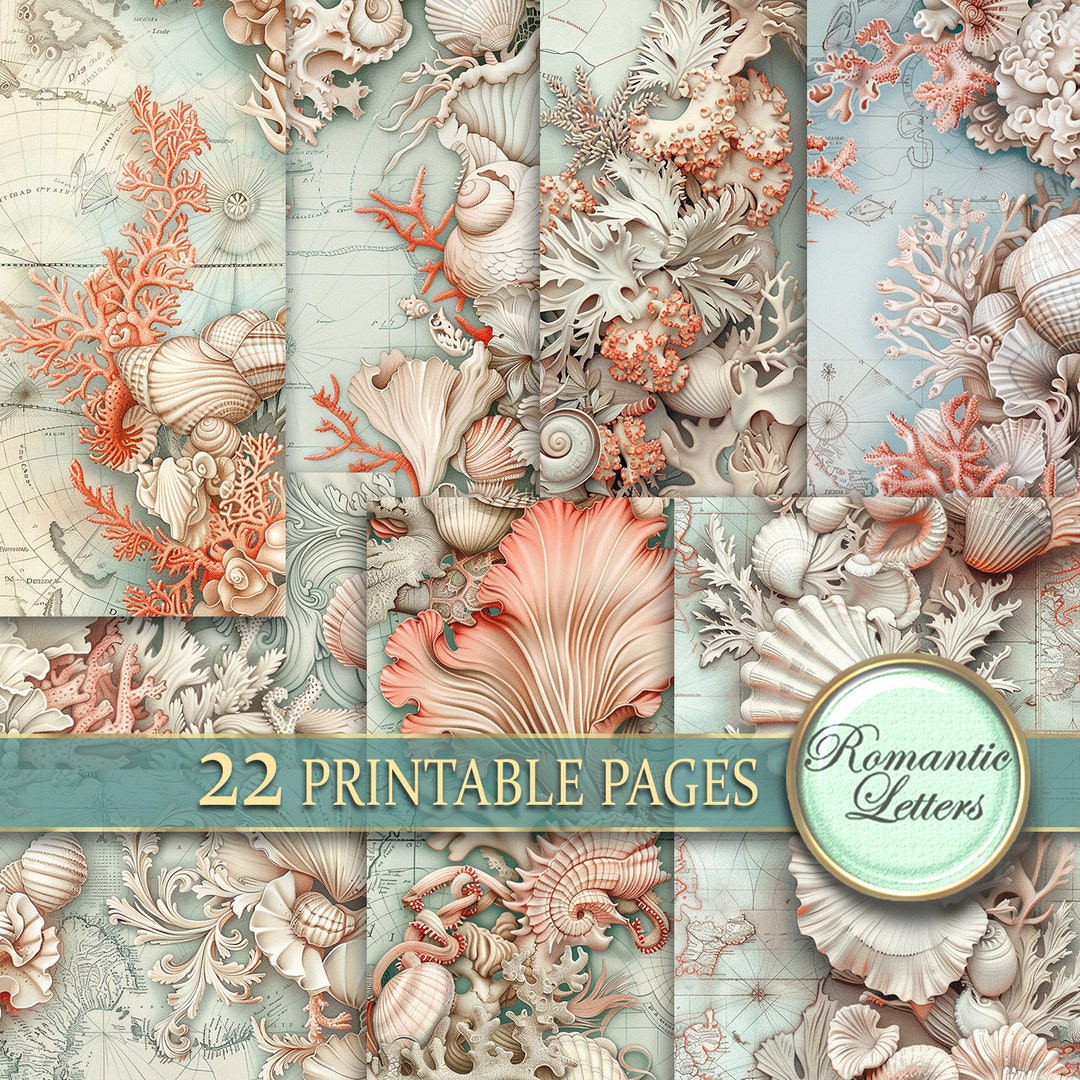 Ocean Corals Scrapbook Digital Printable Paper Pack Map Background ...