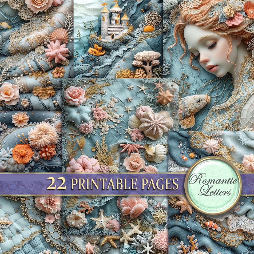 Mermaid Digital Printable Scrapbook Paper Pack Corals, Ocean Shells ...