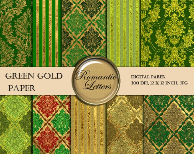 Digital Paper Pack Damask Gold Texture Green Digital Gold Paper Digital ...