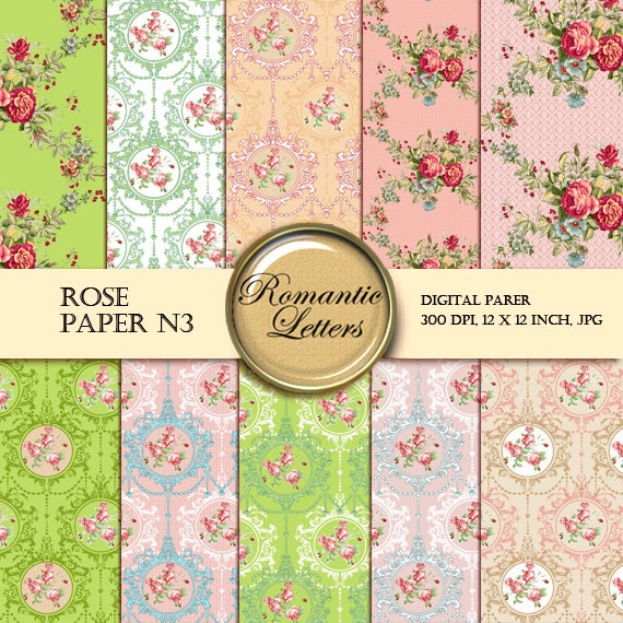 Floral Digital Scrapbook Paper Shabby Chic Vintage ROSE Flowers Digital ...