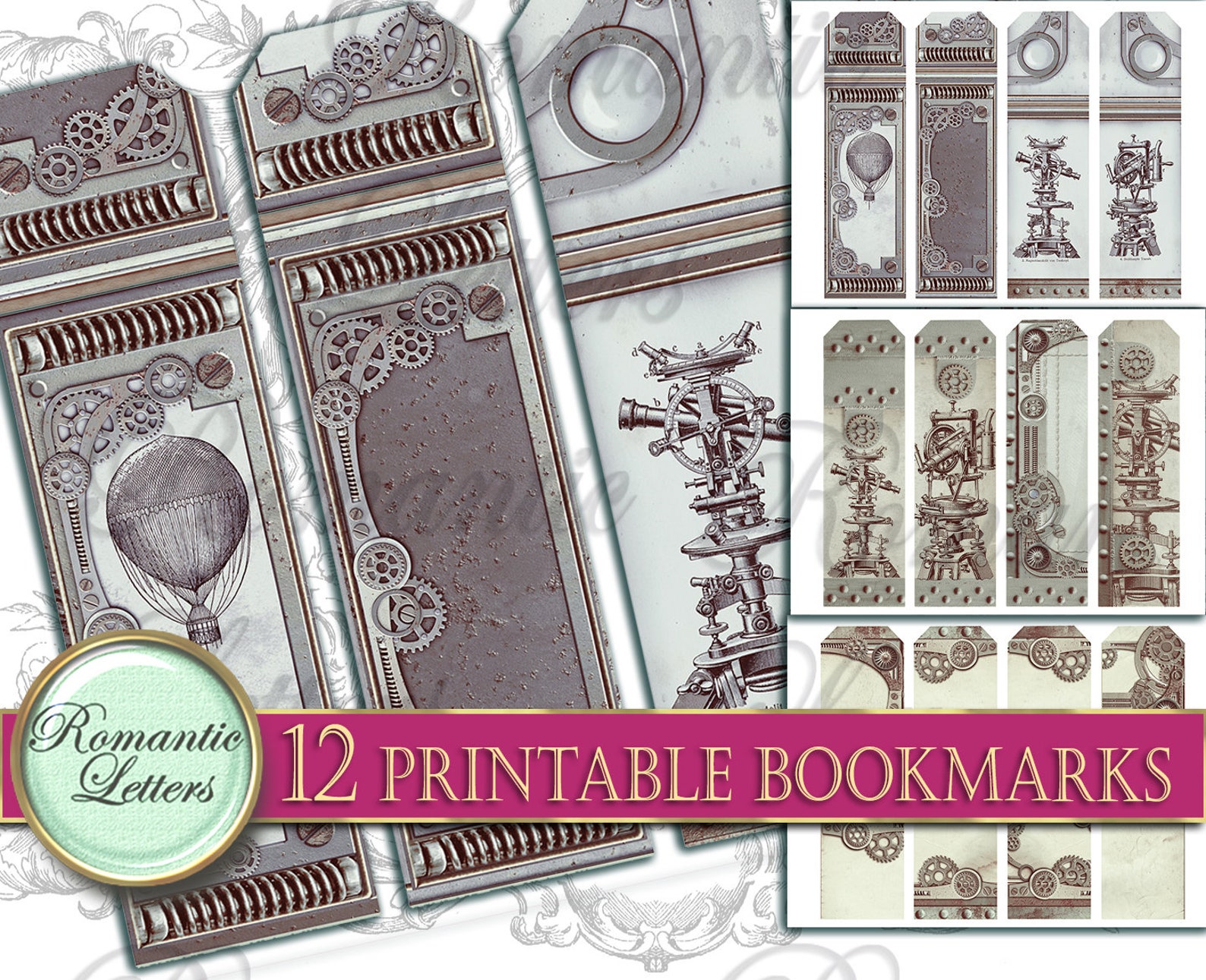 Printable Steampunk Bookmarks Set Printable Gift Tags Printable Hang ...