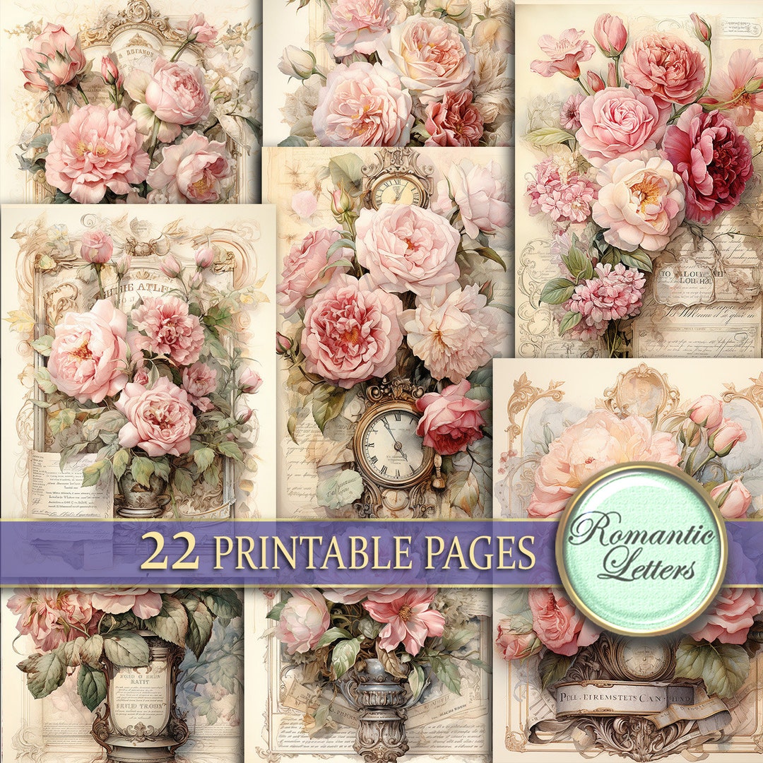 Floral Digital Scrapbook Paper Pack Junk Journal Pages Shabby Chic Rose ...