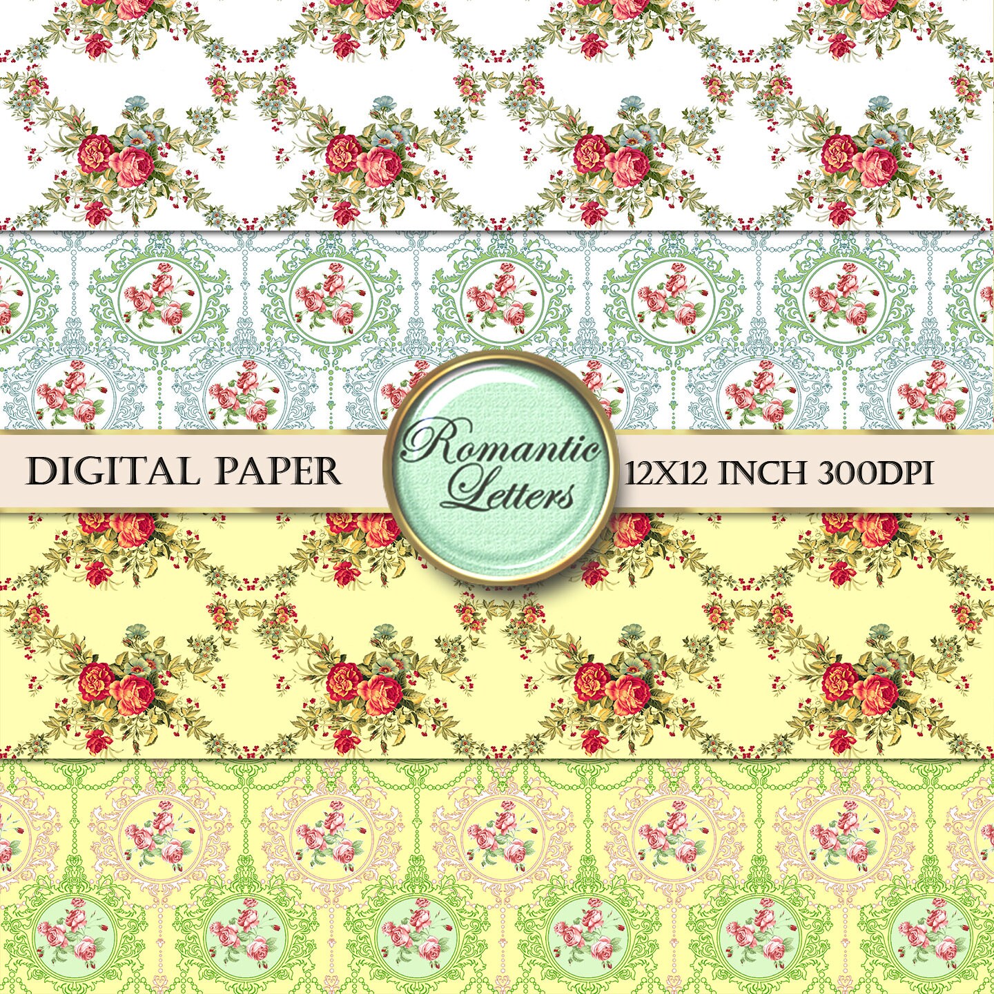 Floral digital scrapbook paper pack rose Shabby Chic rose | Etsy
