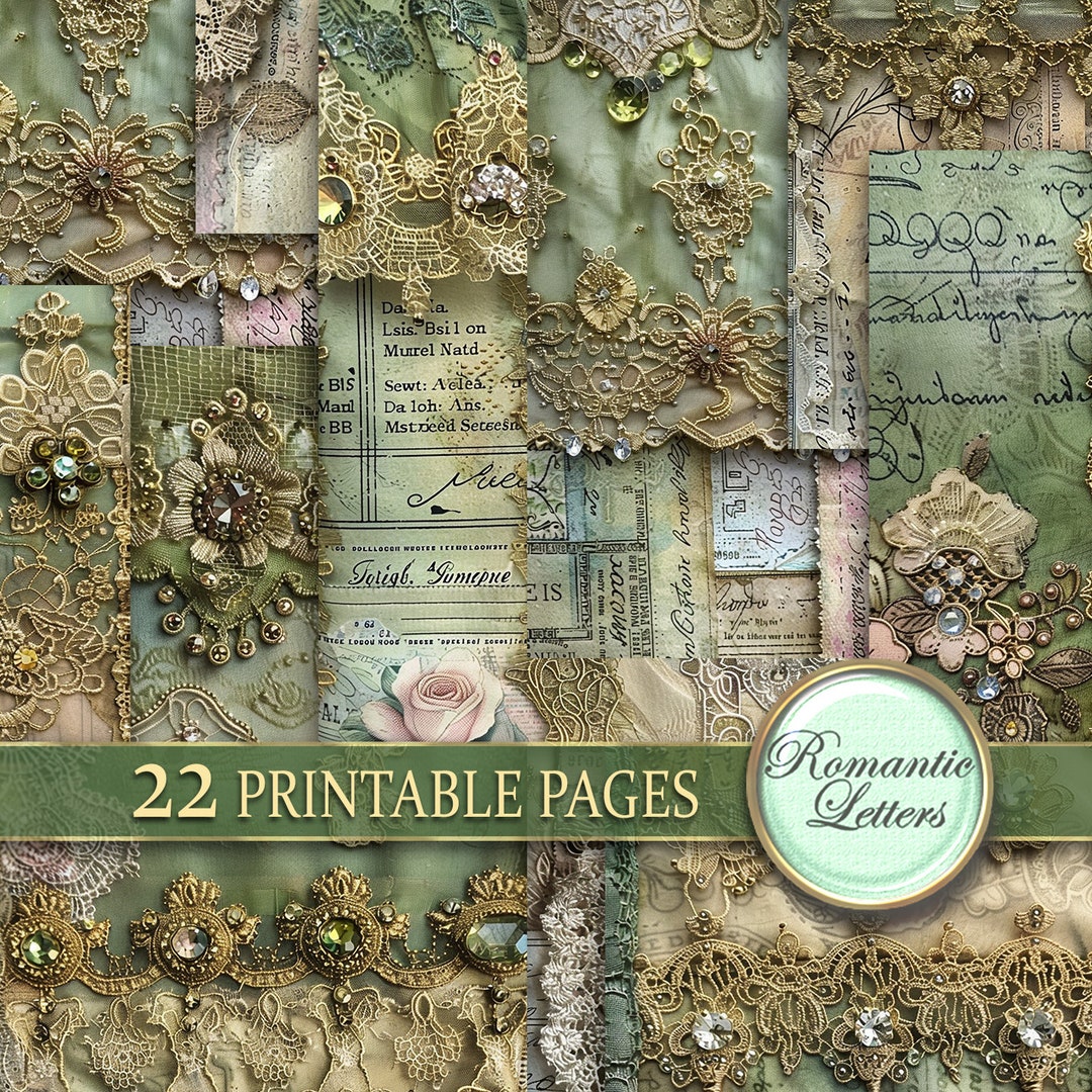Green Silk Digital Printable Scrapbook Paper Pack Gold Embroidery ...