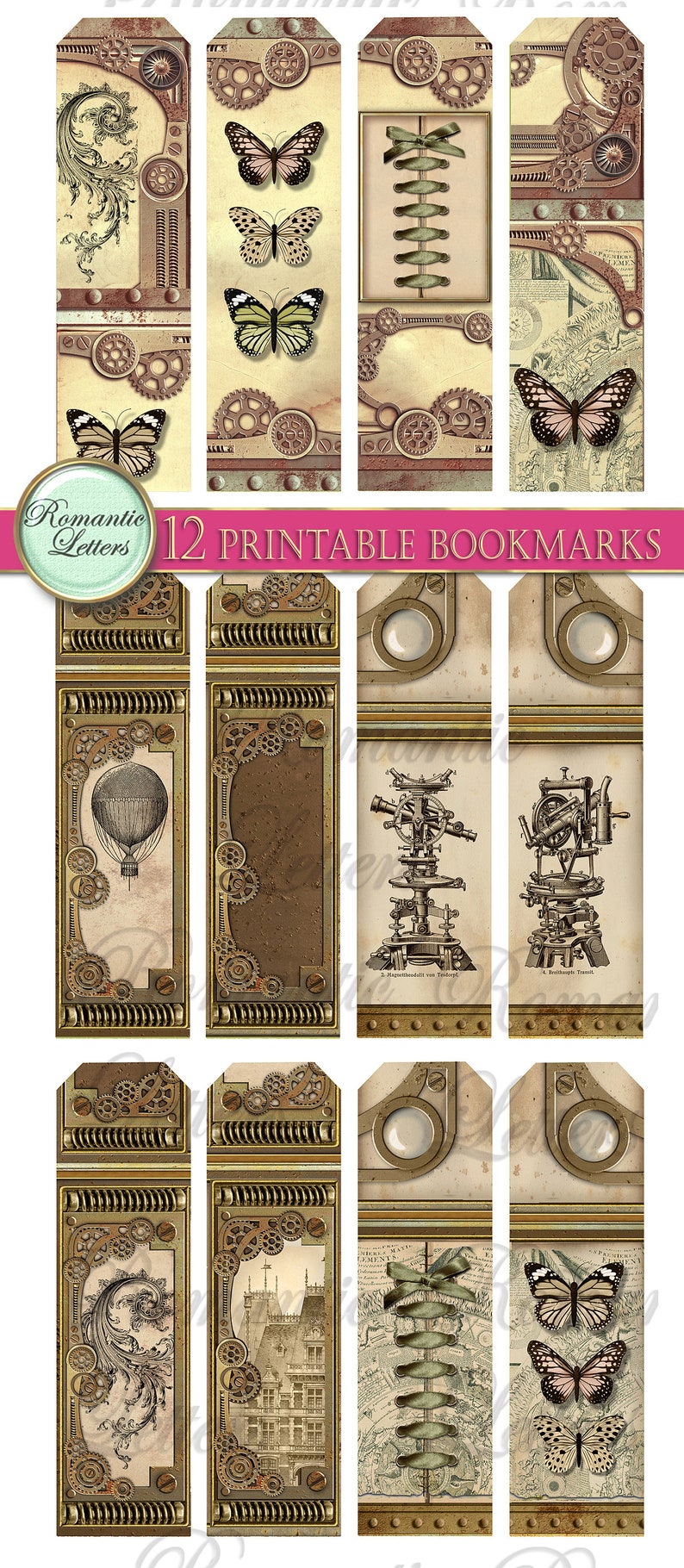Printable Steampunk Bookmarks Set Digital Printable Gift Tags Printable ...