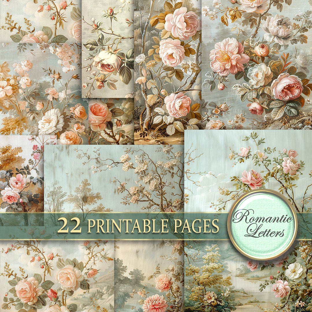 Floral Digital Printable Junk Journal Pages Shabby Chic Rose Flowers ...