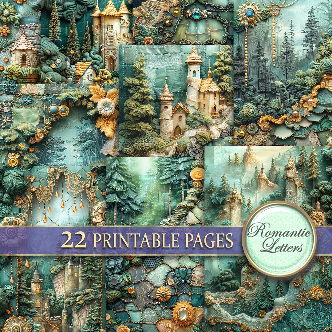 Digital Printable Scrapbook Paper Pack Magic Forest Castle Patchwork Fabric Printable Craft ...