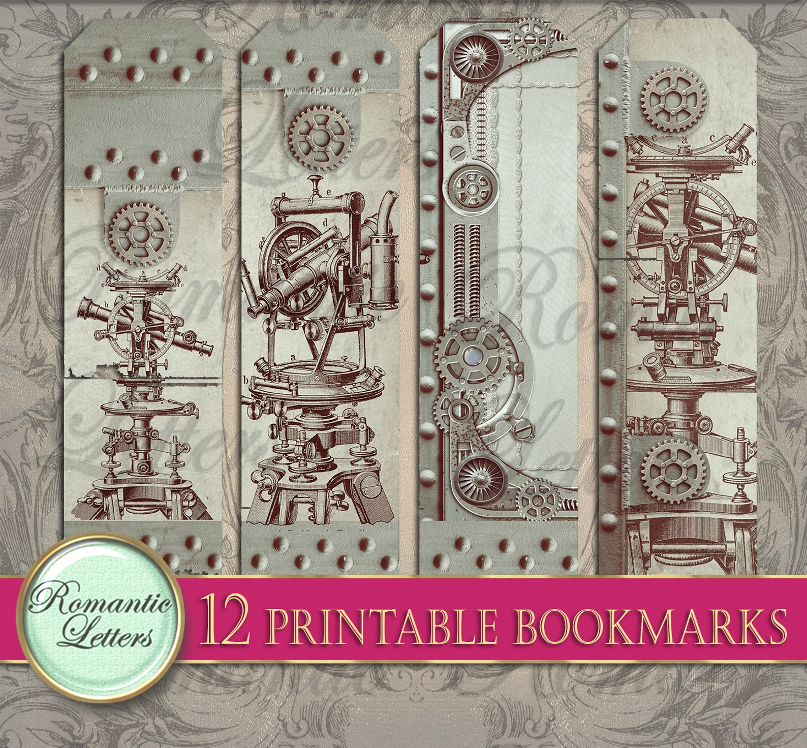 Printable Steampunk Bookmarks Set Printable Gift Tags Printable Hang ...