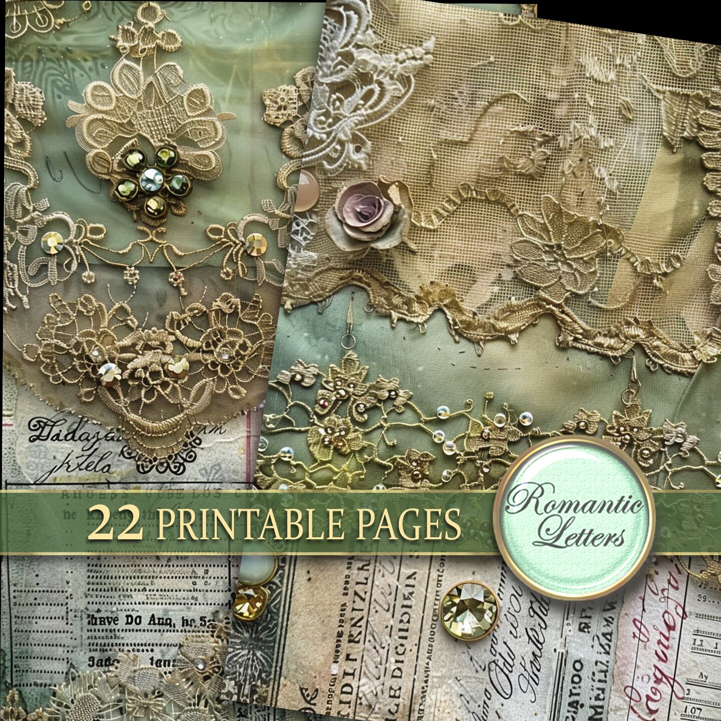 Green Silk Digital Printable Scrapbook Paper Pack Gold Embroidery ...