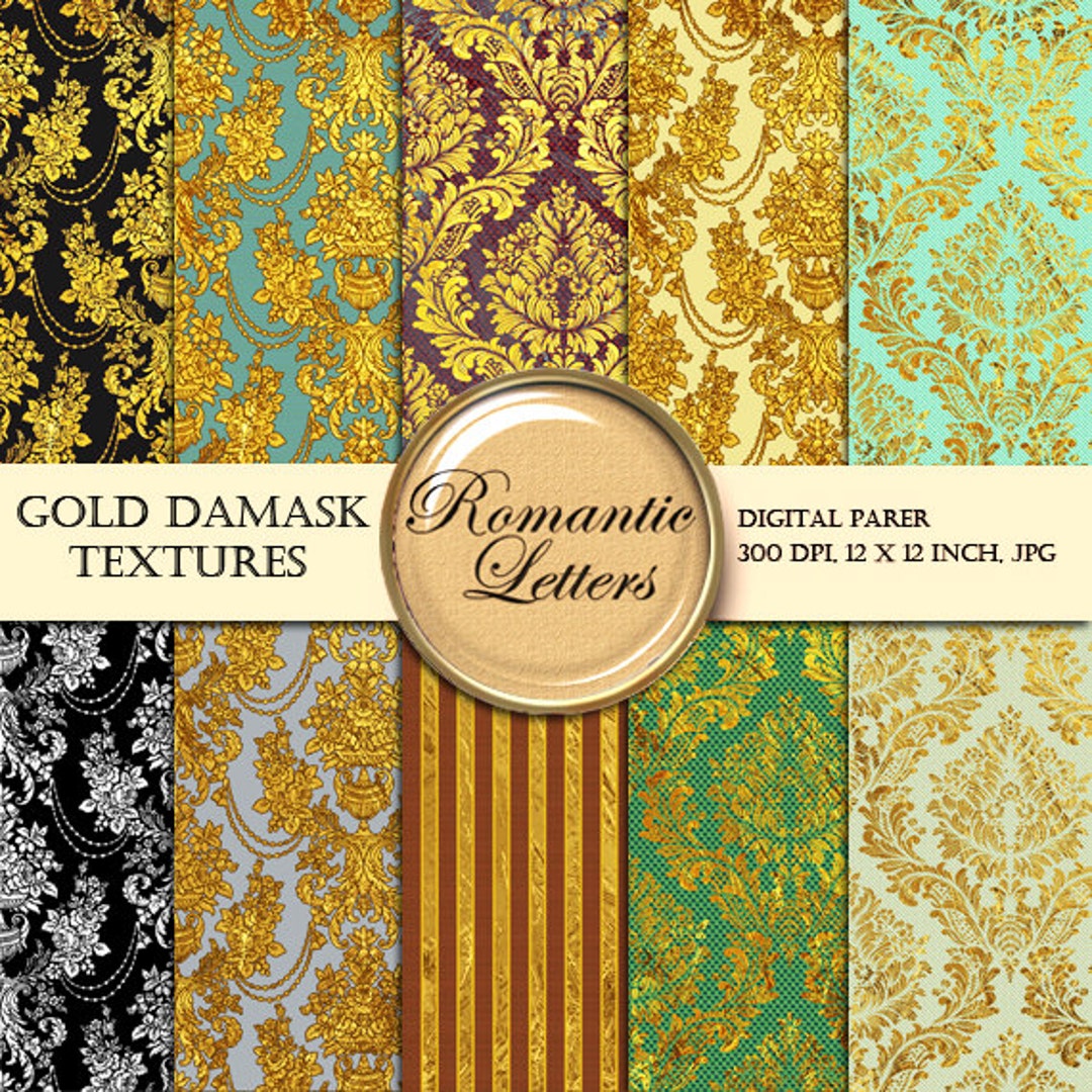 Gold Damask Digital Paper Pack, Scrapbook Wallpaper Backgrounds (12x12 ...