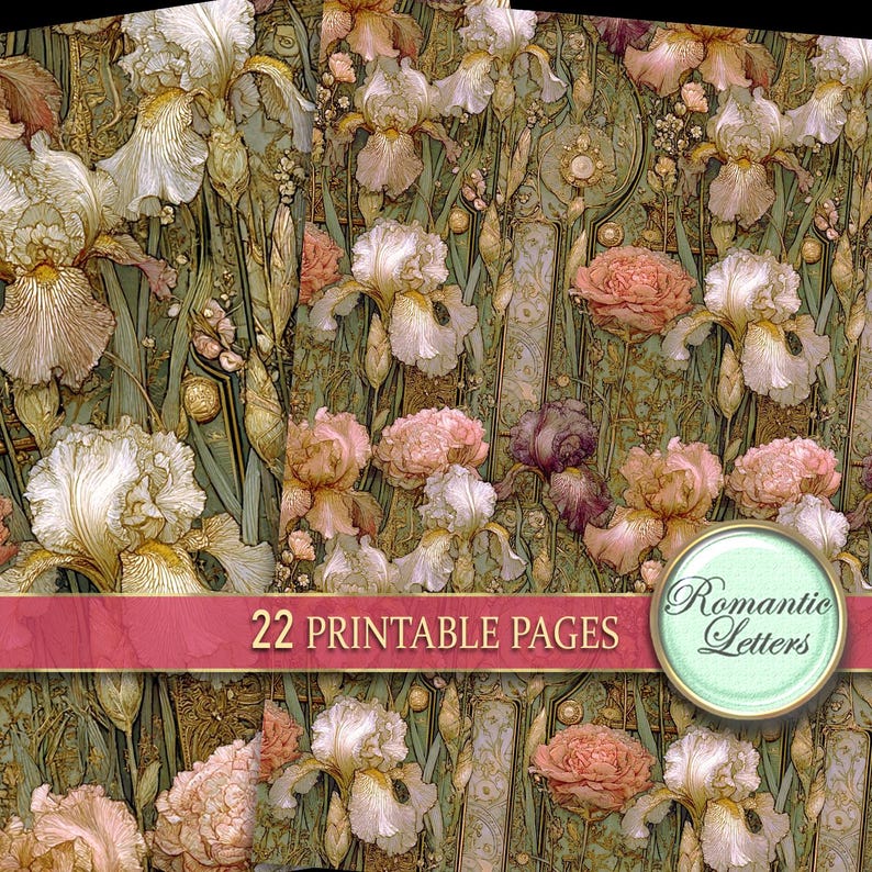 Floral Junk Journal Pages Digital Scrapbook Paper Pack Iris Flowers ...