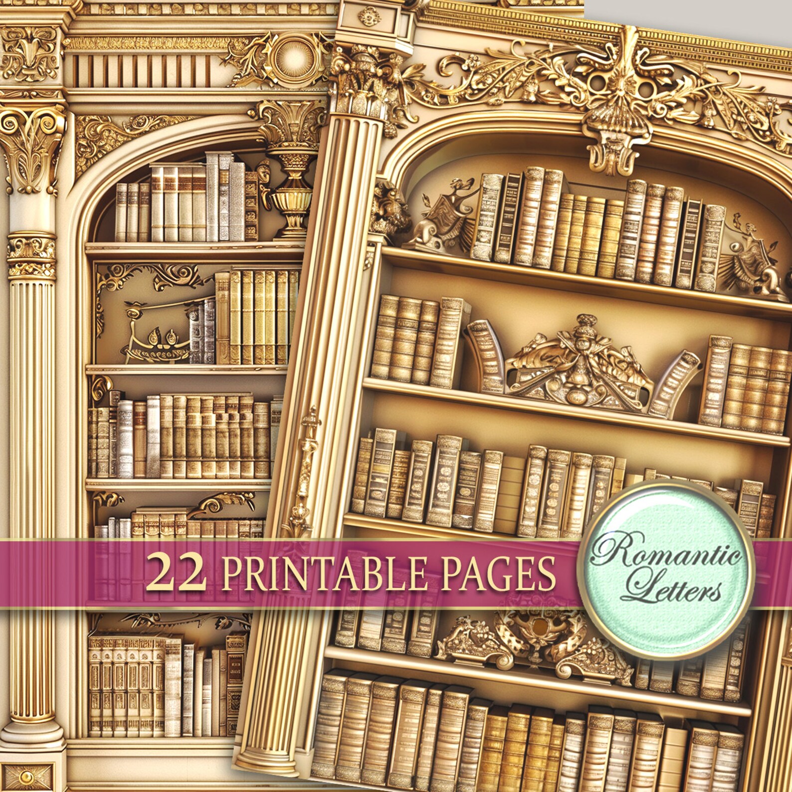 Library Bookshelves Bookcase Digital Scrapbook Paper Pack Printable ...