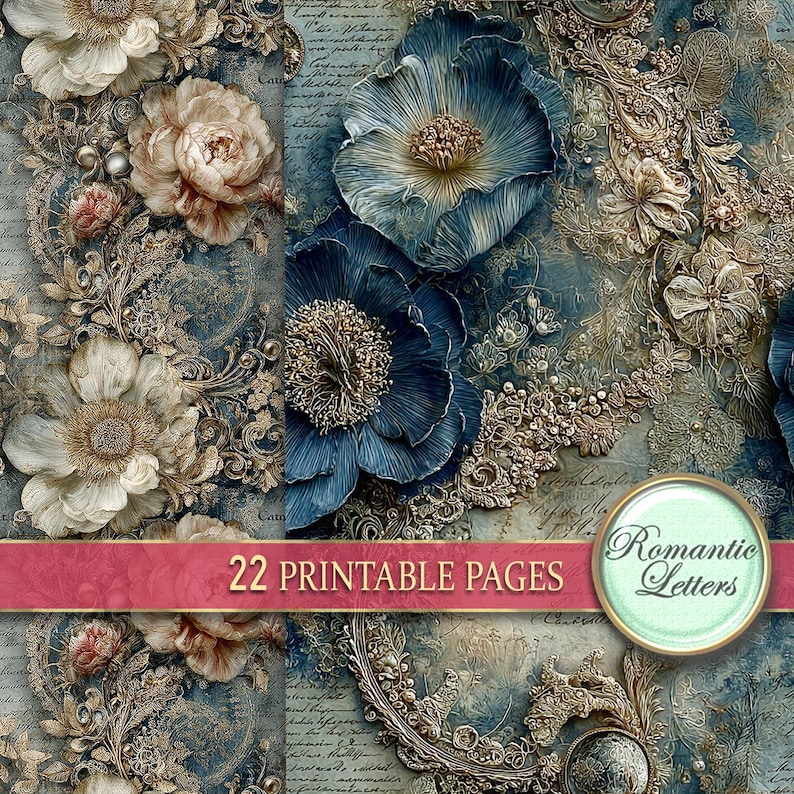 Blue Digital Printable Scrapbook Paper Pack Shabby Chic Flowers Baroque ...