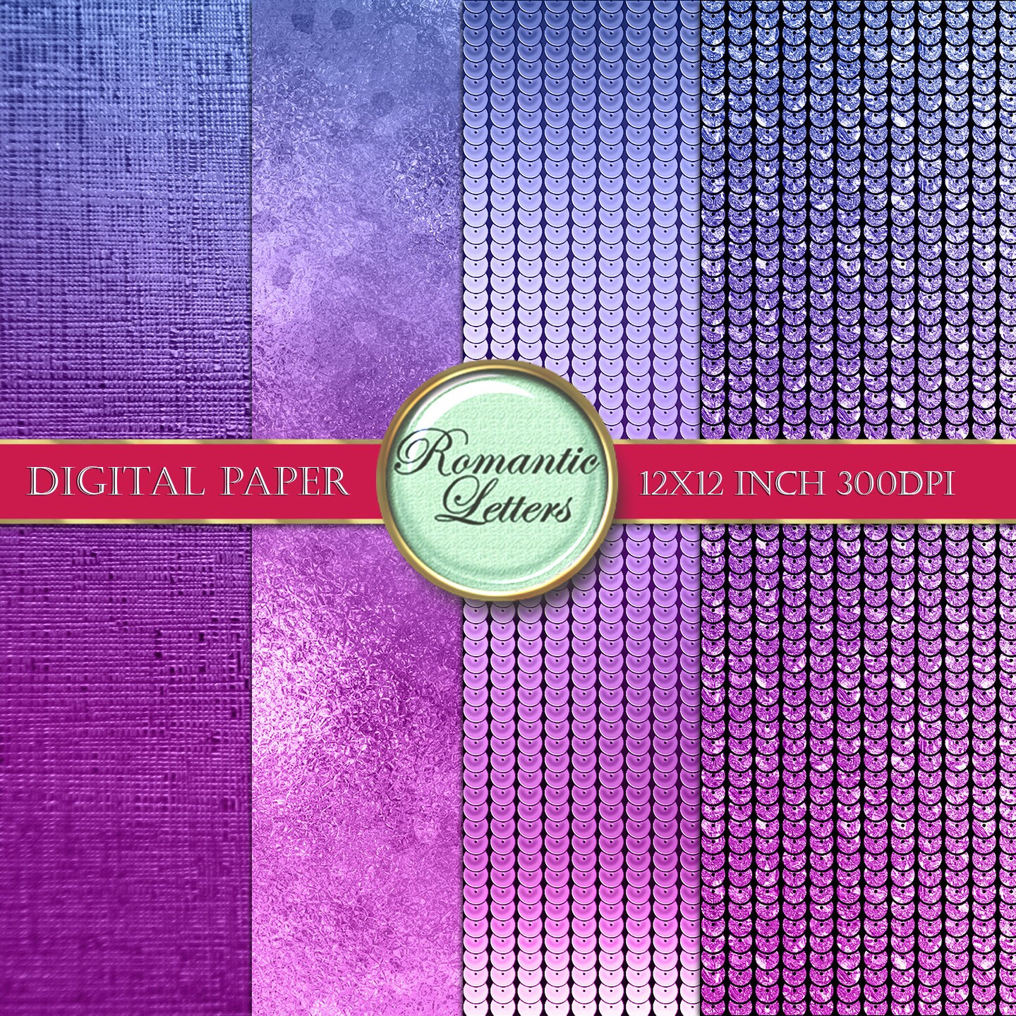 Purple Digital Paper Scrapbook Paper Sequin Background Paper Gold Foil ...