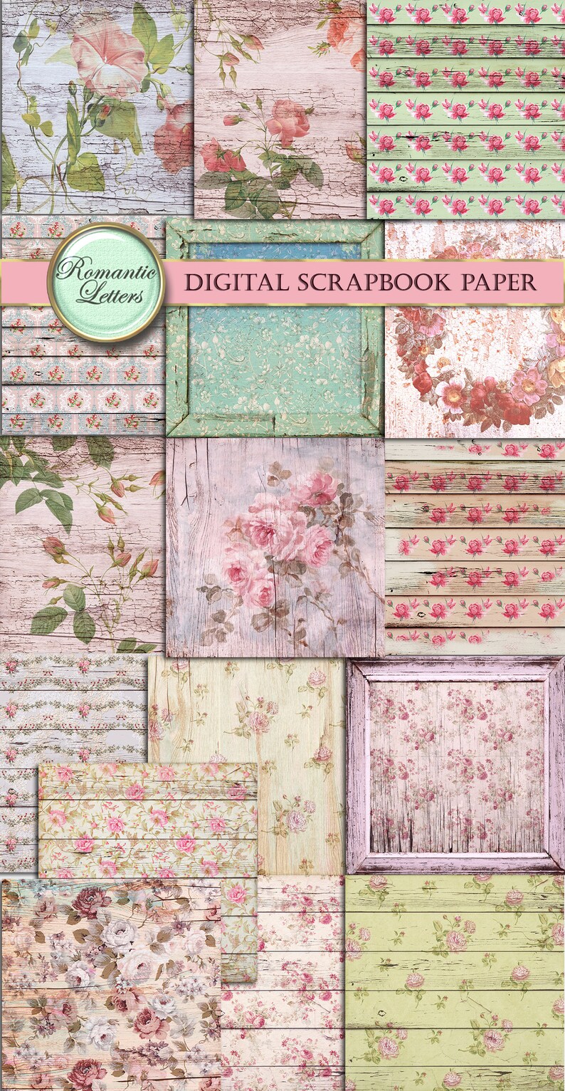 Shabby Chic Digital Scrapbook Paper Pack Pink Floral Digital Printable ...