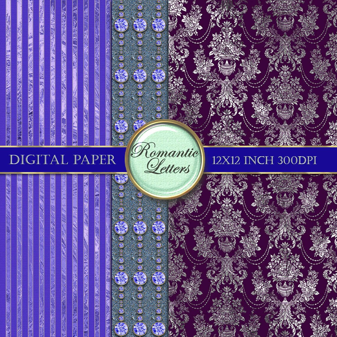 Damask Gold Digital Paper Pack Digital Background Paper Blue Gold Foil ...