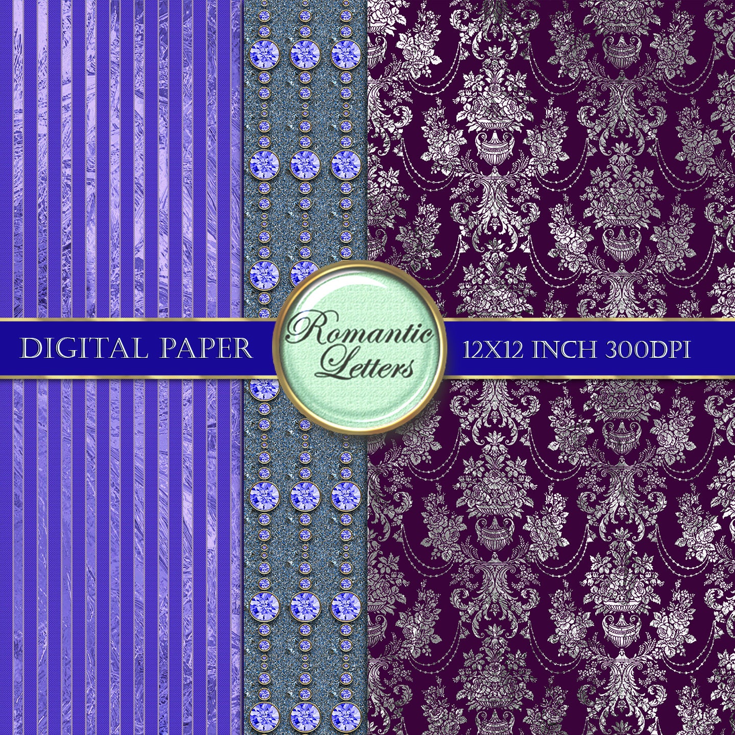 Damask Gold Digital Paper Pack Digital Background Paper Blue | Etsy