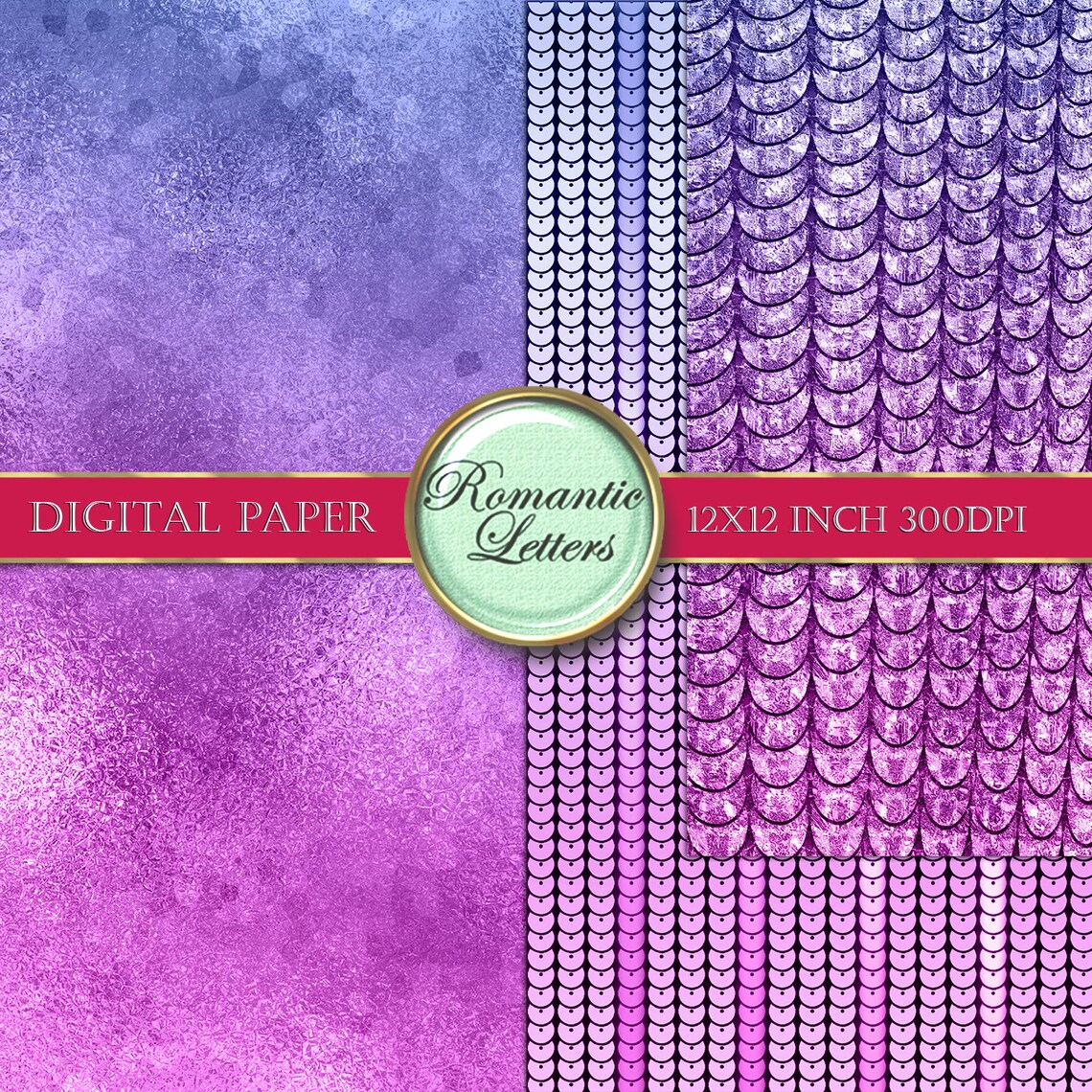 Purple Digital Paper Scrapbook Paper Sequin Background Paper Gold Foil ...