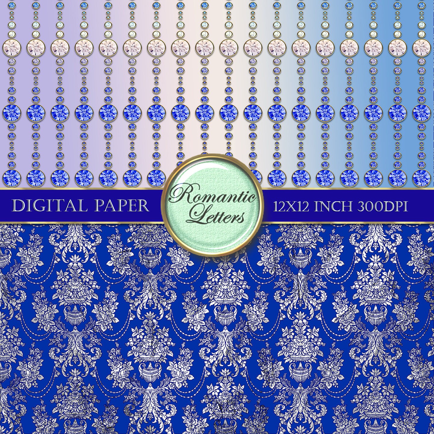 Damask Gold Digital Paper Pack Digital Background Paper Blue | Etsy