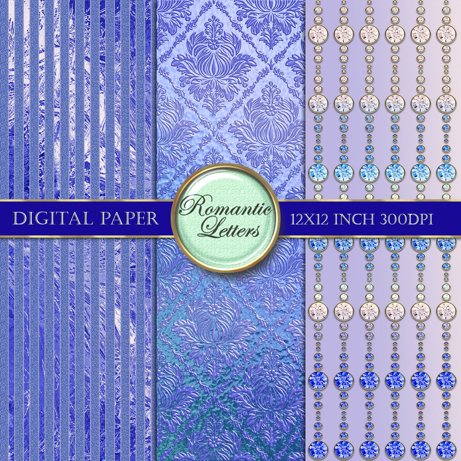 Damask Gold Digital Paper Pack Digital Background Paper Blue - Etsy