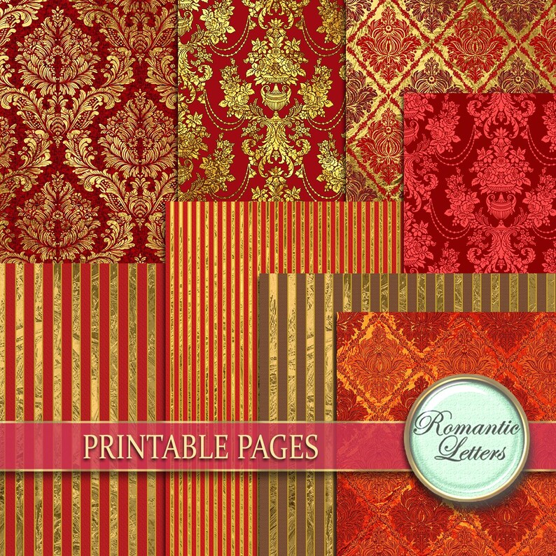 Digital Paper Damask Gold Digital Paper Red Gold Digital Background ...