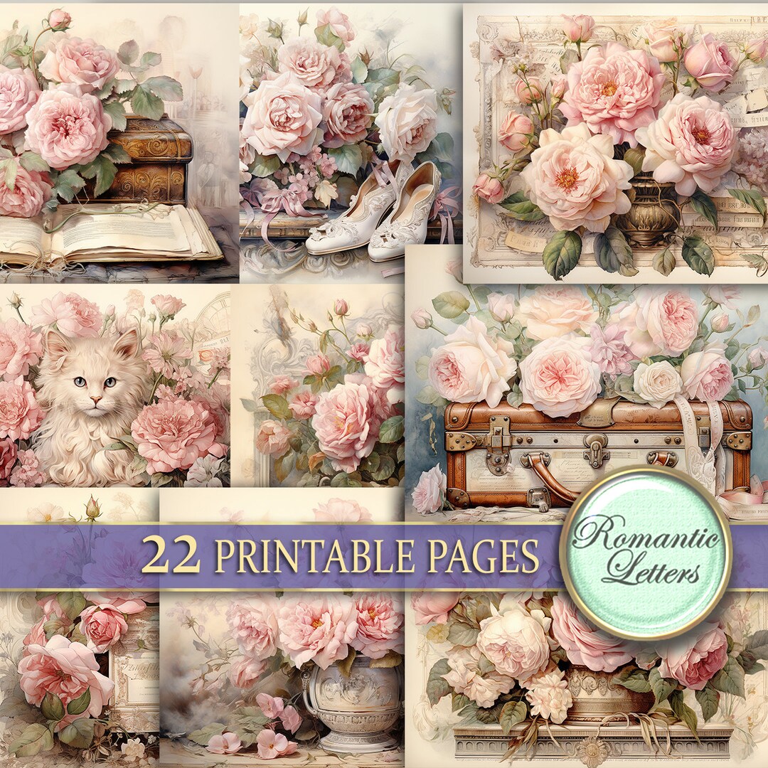 Floral Digital Scrapbook Paper Pack Junk Journal Pages Shabby Chic Rose ...