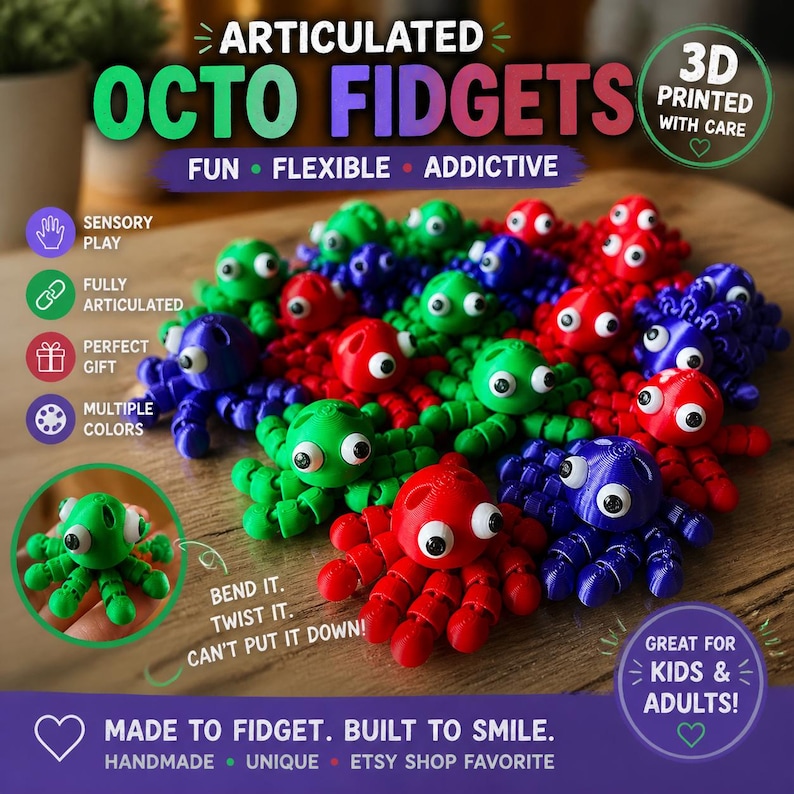 3D Gedruckter Oktopus Schlüsselanhänger | Flexi Fidget Spielzeug ...