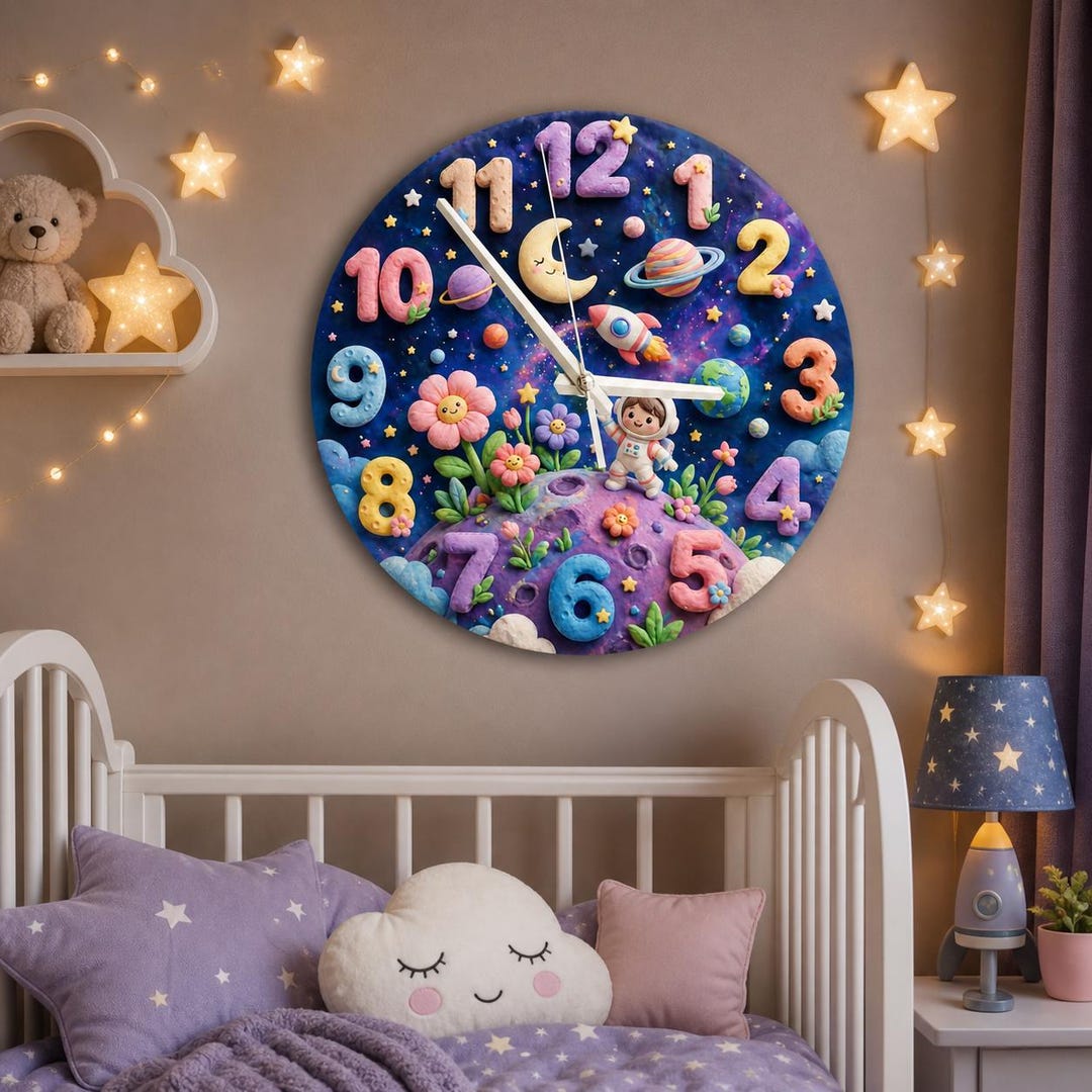 Pastel Space Astronaut Wall Clock | Whimsical Galaxy Nursery Decor (13. ...