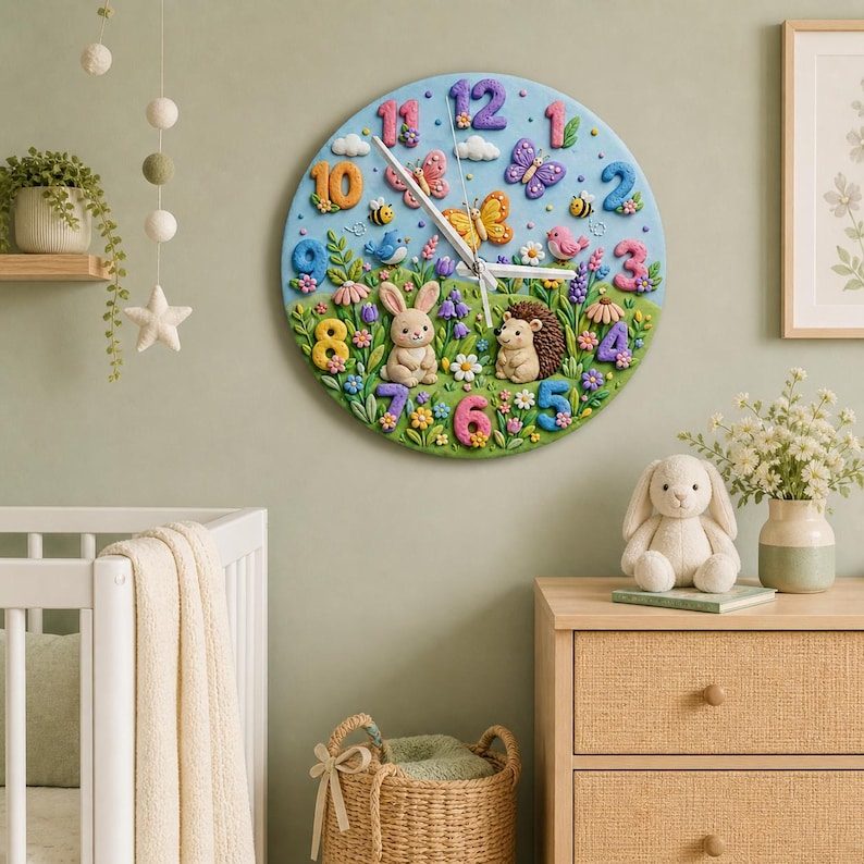 Woodland Bunny Hedgehog Clock | Pastel Spring Meadow Nursery Decor (13. ...
