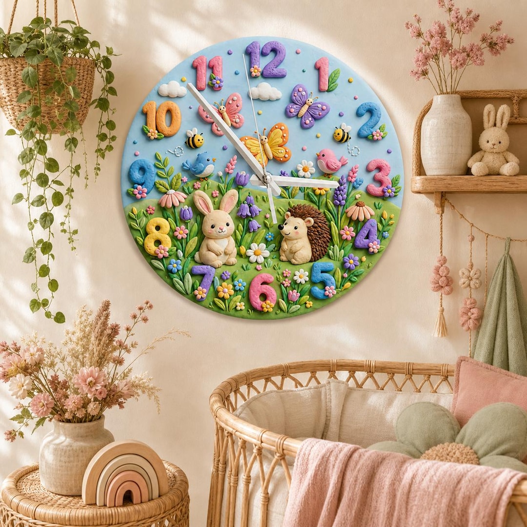 Woodland Bunny Hedgehog Clock | Pastel Spring Meadow Nursery Decor (13. ...