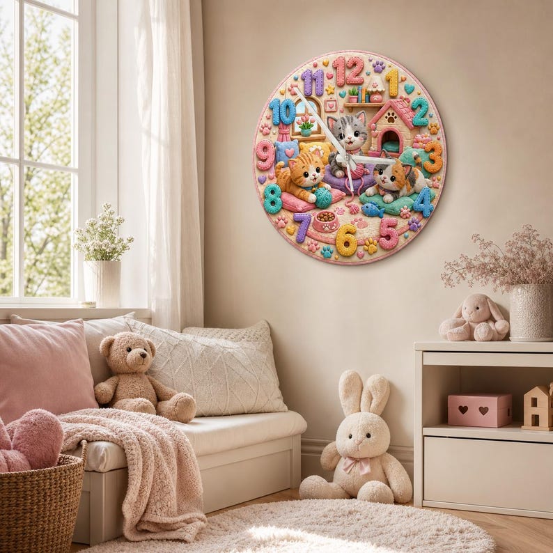 Playful Pastel Kittens Kids Wall Clock | Nursery Decor, Baby Girl ...