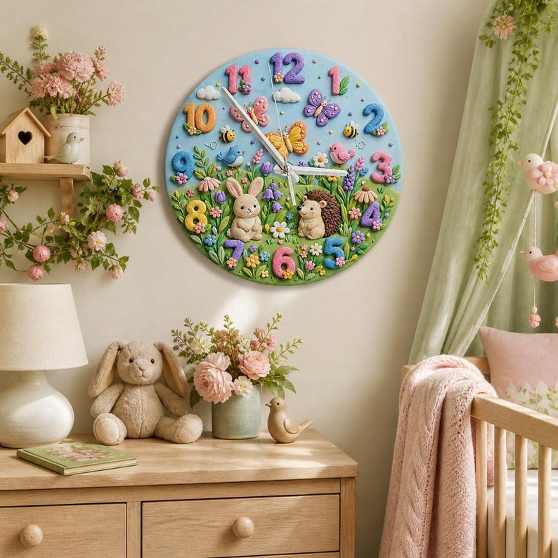Woodland Bunny Hedgehog Clock | Pastel Spring Meadow Nursery Decor (13. ...