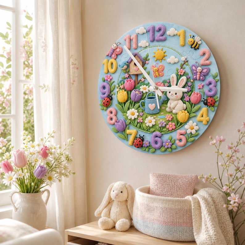 Spring Garden Bunny Wall Clock | Pastel Floral Nursery Decor (13.6 Inch ...