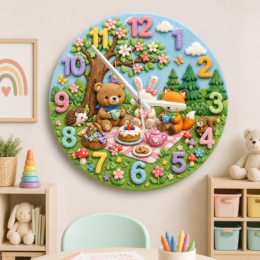 Woodland Animal Tea Party Clock | Whimsical Forest Nursery Decor, Wall ...