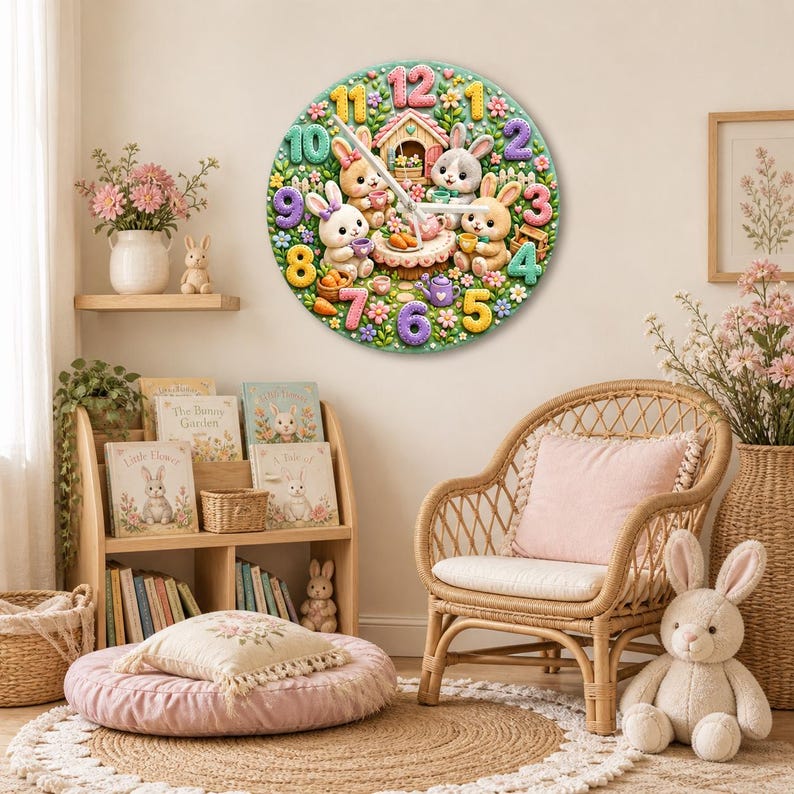 Bunny Tea Party Wall Clock | Pastel Woodland Nursery Decor (13.6 Inch ...
