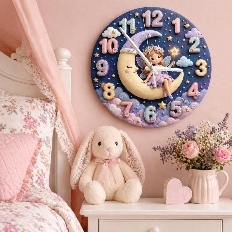 Fairy Moon Wall Clock | Pastel Starry Night Nursery Decor, Whimsical ...