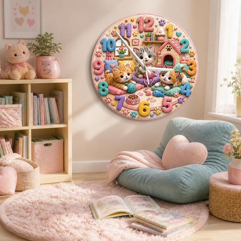 Playful Pastel Kittens Kids Wall Clock | Nursery Decor, Baby Girl ...
