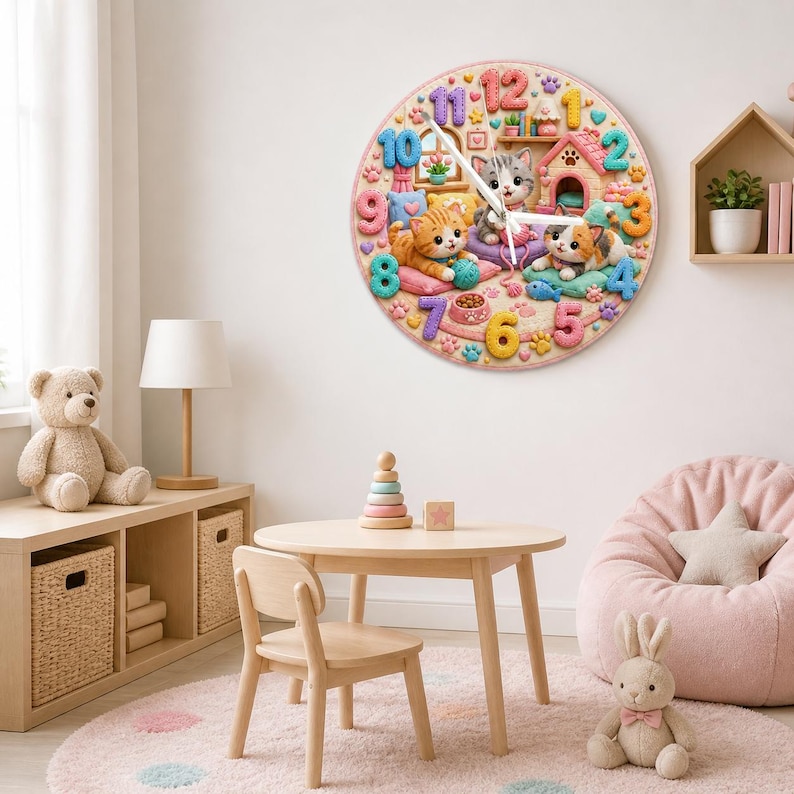 Playful Pastel Kittens Kids Wall Clock | Nursery Decor, Baby Girl ...