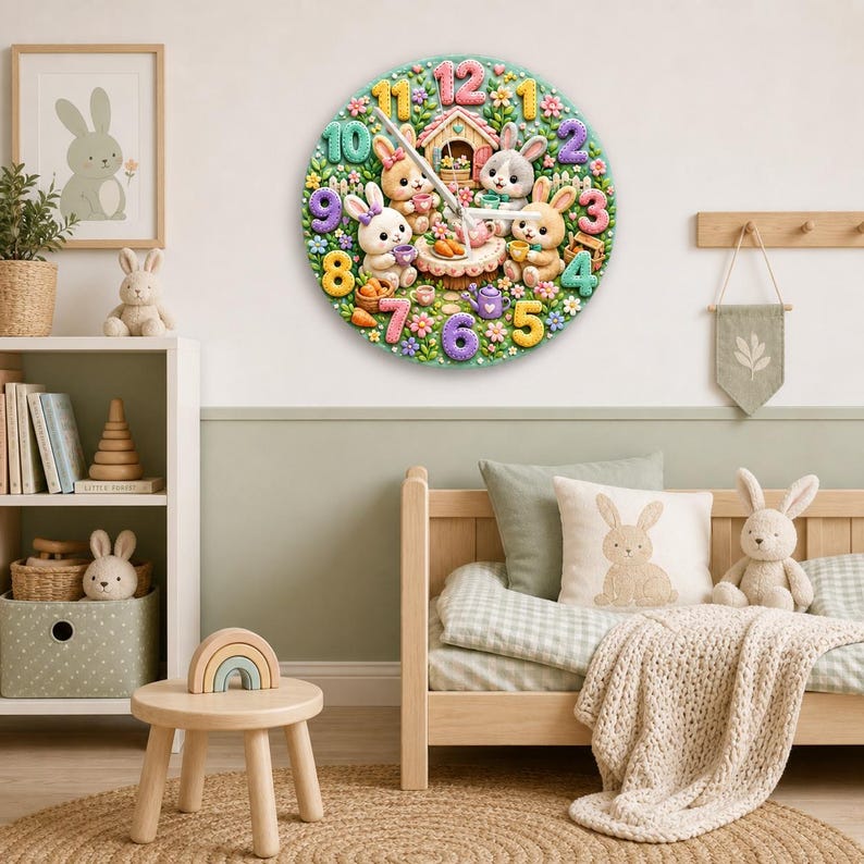 Bunny Tea Party Wall Clock | Pastel Woodland Nursery Decor (13.6 Inch ...