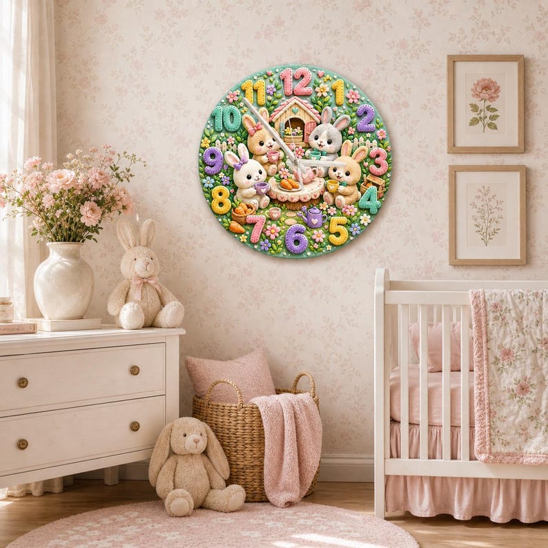 Bunny Tea Party Wall Clock | Pastel Woodland Nursery Decor (13.6 Inch ...