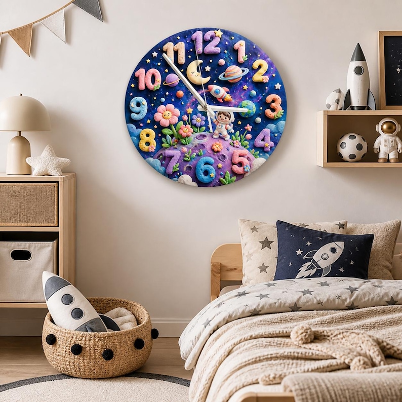 Pastel Space Astronaut Wall Clock | Whimsical Galaxy Nursery Decor (13. ...