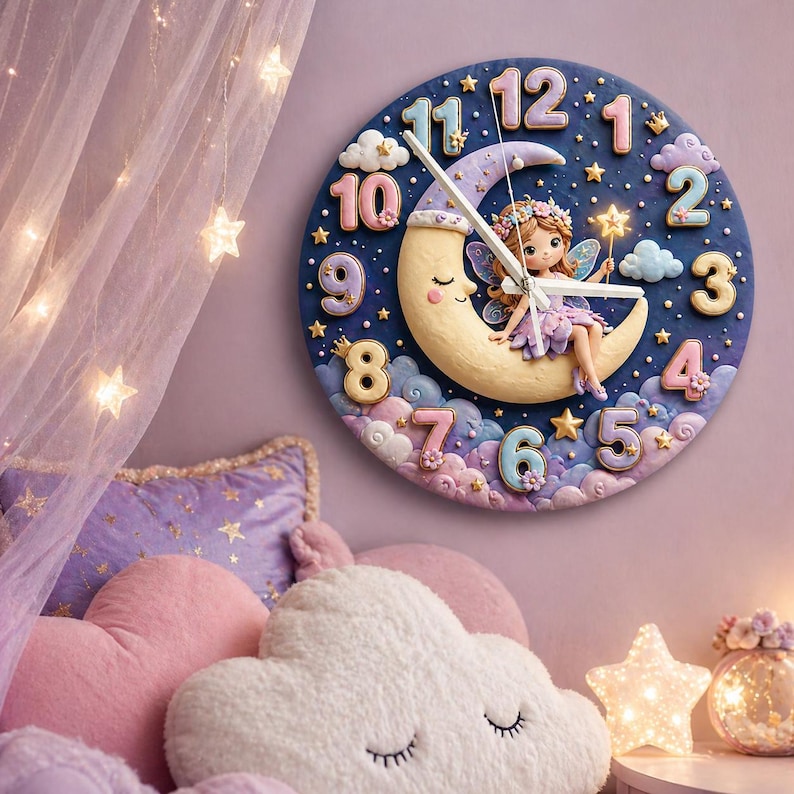 Fairy Moon Wall Clock | Pastel Starry Night Nursery Decor, Whimsical ...