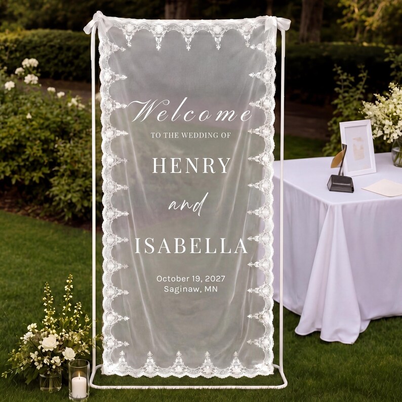 Luxury Sheer Wedding Welcome Sign, Personalized Lace Wedding Sign ...