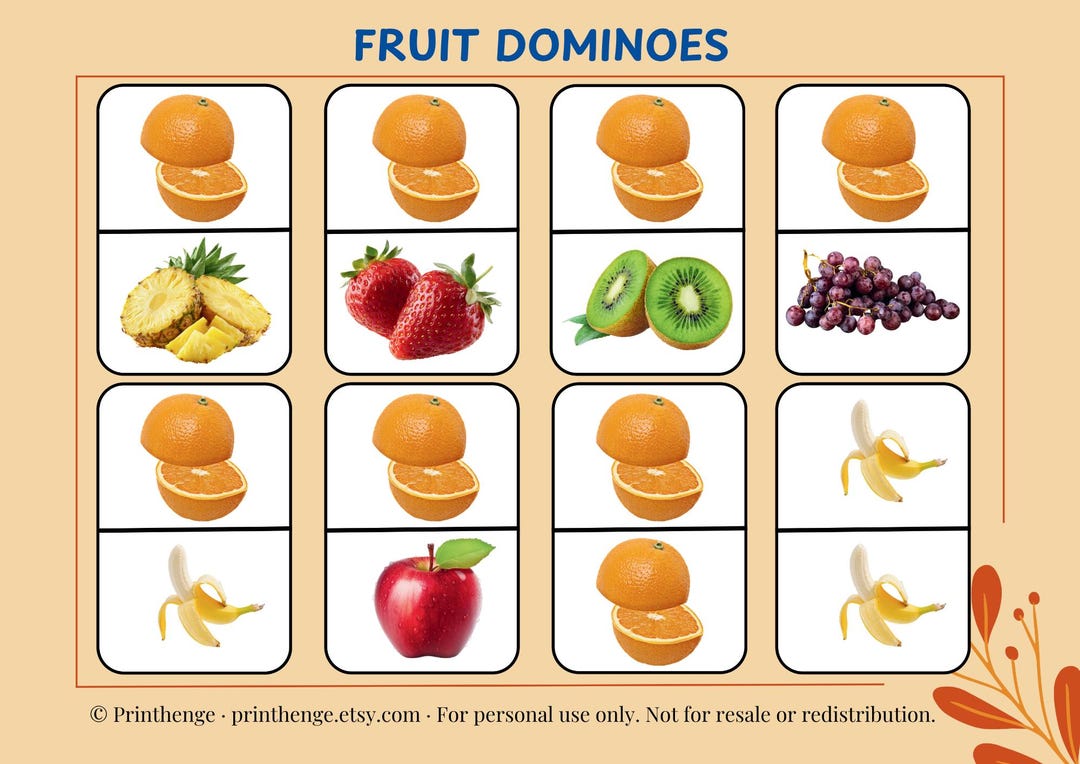 Fruit Dominoes Game | 7 Fruits, 28 Tiles | Kids Family Activity (PDF ...
