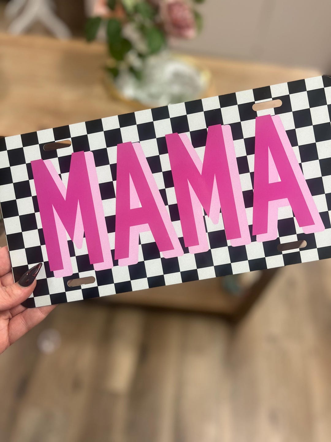 Mama Checkered License Plate, Custom Car Tag for Women, Car Coasters ...
