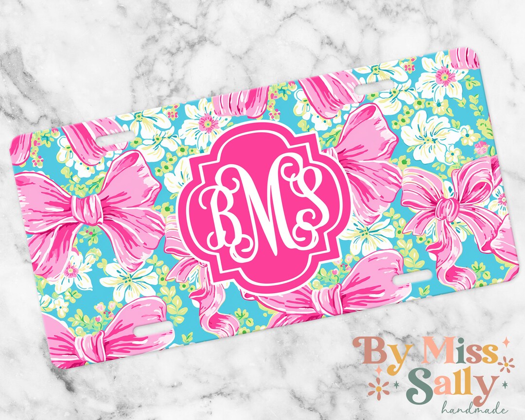 Flower and Bow Coquette Monogram License Plate, Pink Bow Name Car Tag ...