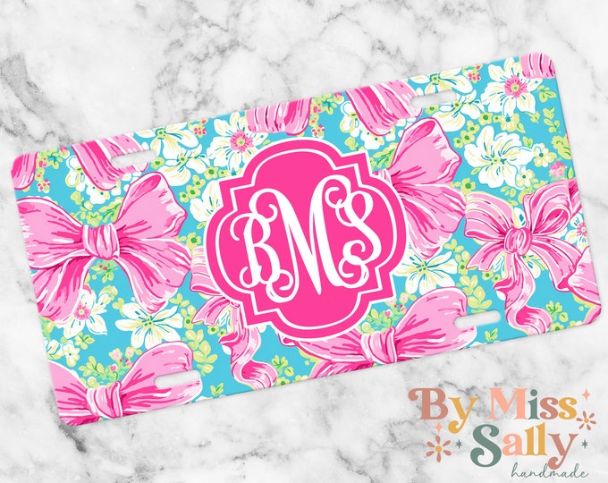 Flower and Bow Coquette Monogram License Plate, Pink Bow Name Car Tag ...