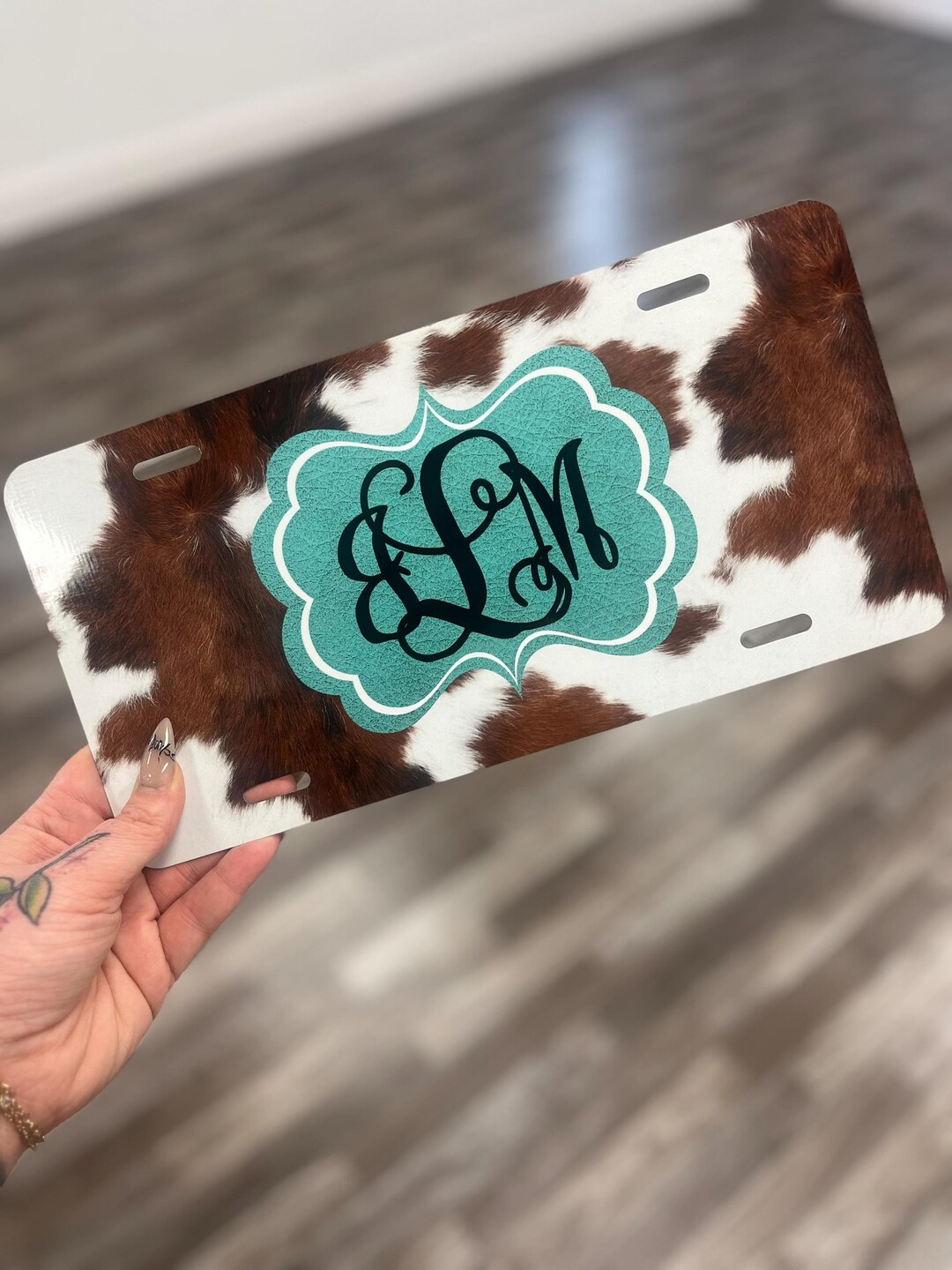 Cow Print Personalized License Plate, Turquoise, Cow Hide Name Car Tag ...